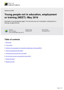 Young people not in education, employment or training (NEET), May 2016 ...