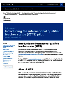 Introducing the international qualified teacher status (iQTS) pilot ...